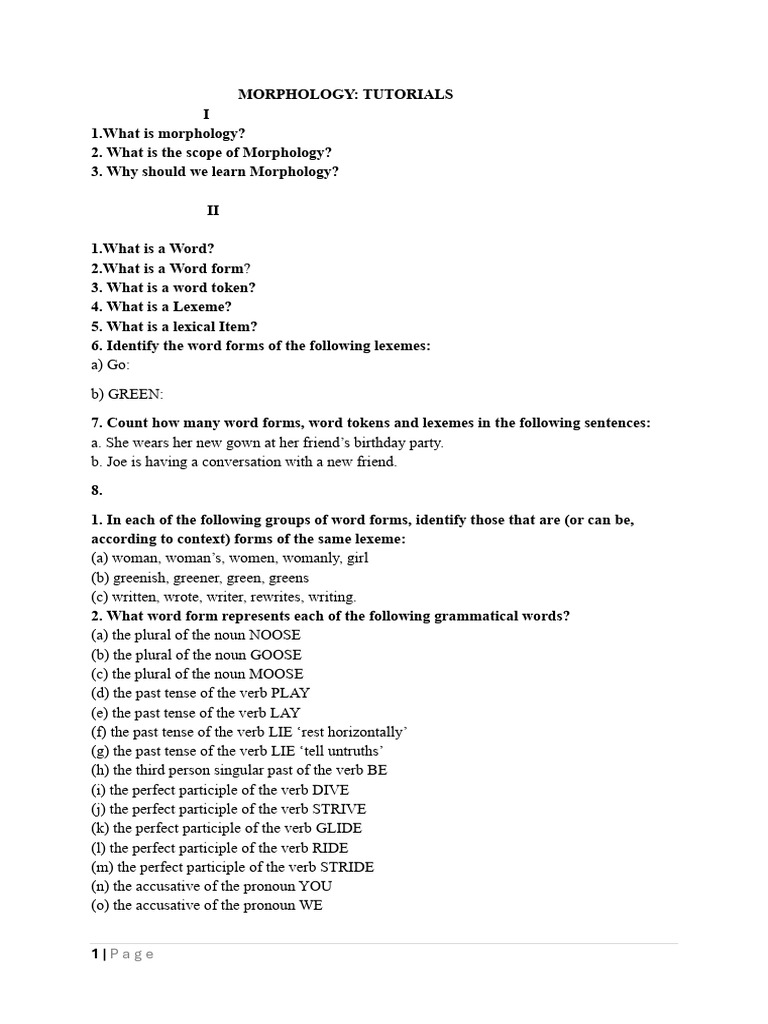 Morphology Tutorials Student | PDF | Morphology (Linguistics) | Word