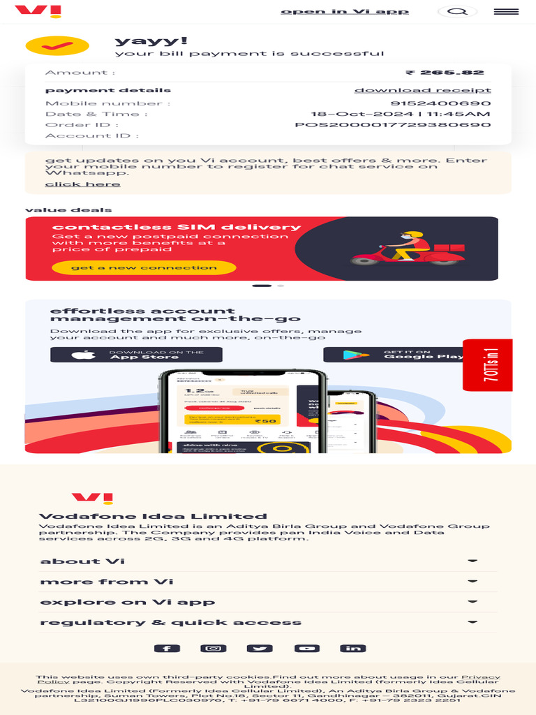 Successful Vi Postpaid Payment Receipt | PDF
