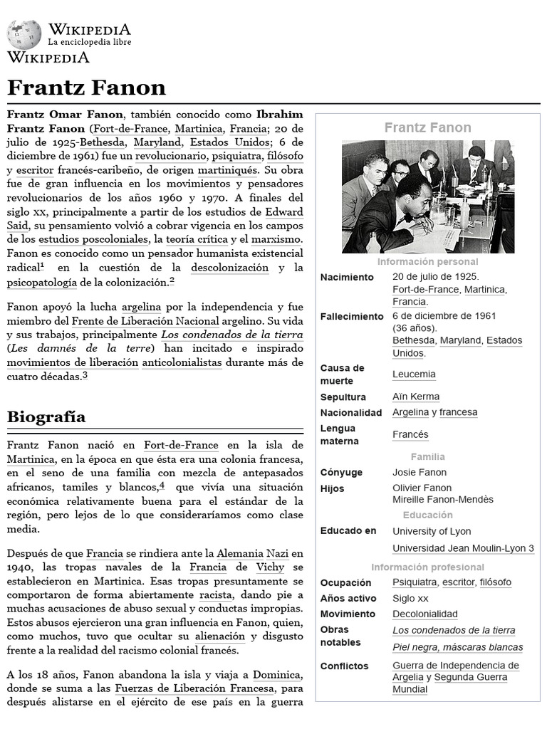 Frantz Fanon - Wikipedia, La Enciclopedia Libre | PDF