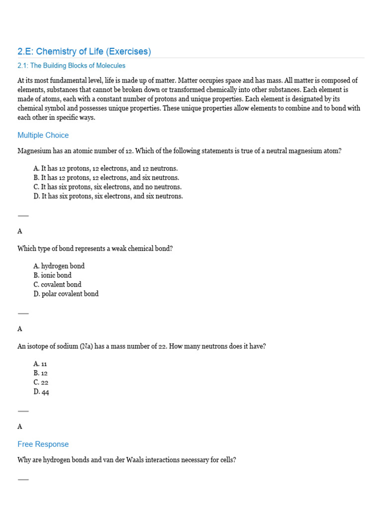 2.E Chemistry of Life (Exercises) - Biology LibreTexts | PDF | Chemical ...