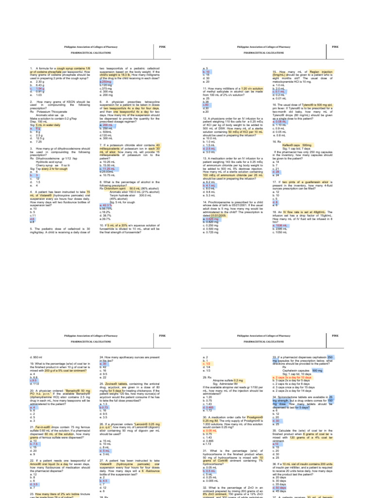Pharmaceutical Calculations Answer Key-PINK PACOP | PDF | Mass ...