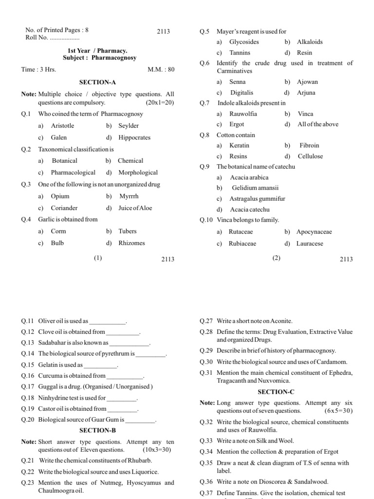 Pharmacognosy Exam Questions and Answers | PDF