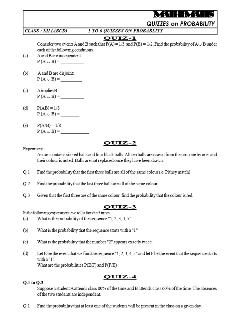 Probability Quiz Without Answers | PDF | Multiple Choice | Dice