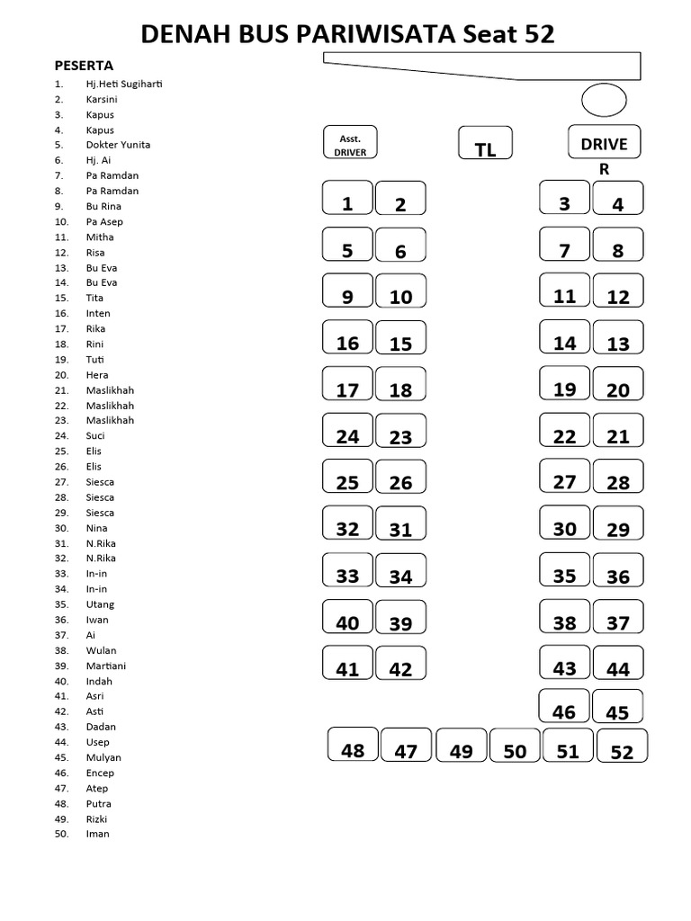 Denah Kursi Bus Pariwisata 52 | PDF