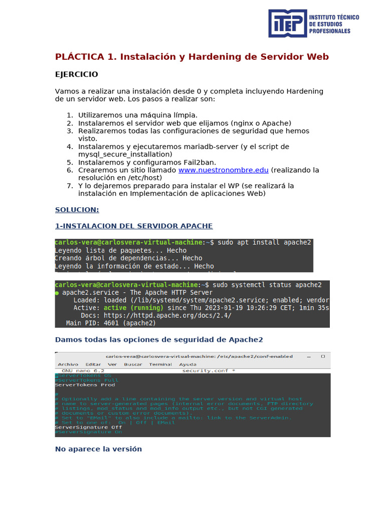 Práctica 1. Instalación y Hardening Servidor Web - Carlos - Vera | PDF