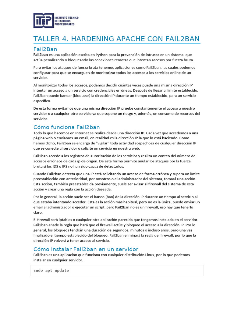 Taller 4. Hardening Apache Fail2ban - Carlos - Vera | PDF | Cortafuegos (informática) | Servidor ...