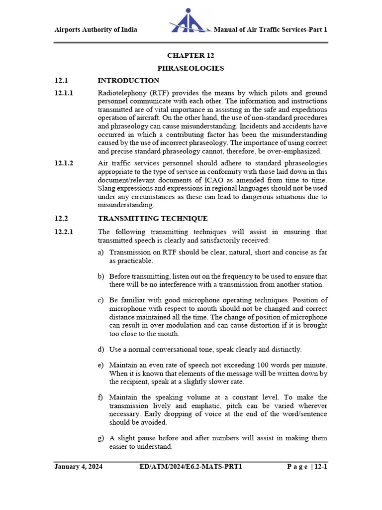 AAI ATC Phraseology Manual (2024) | PDF | Air Traffic Control ...