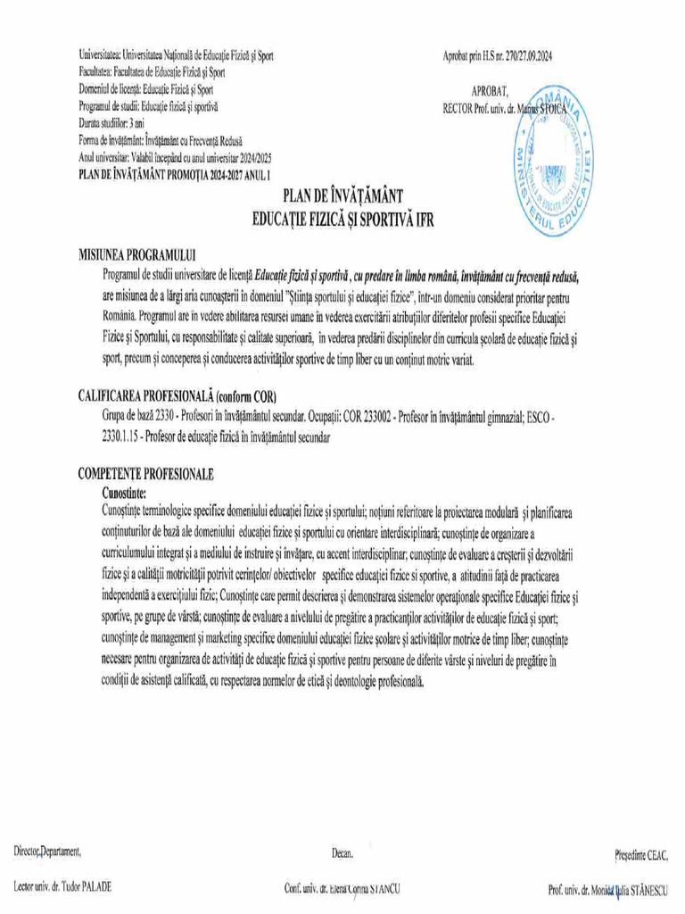 Plan de Invatamant EFS IFR 2024 2027 Anul Ic | PDF