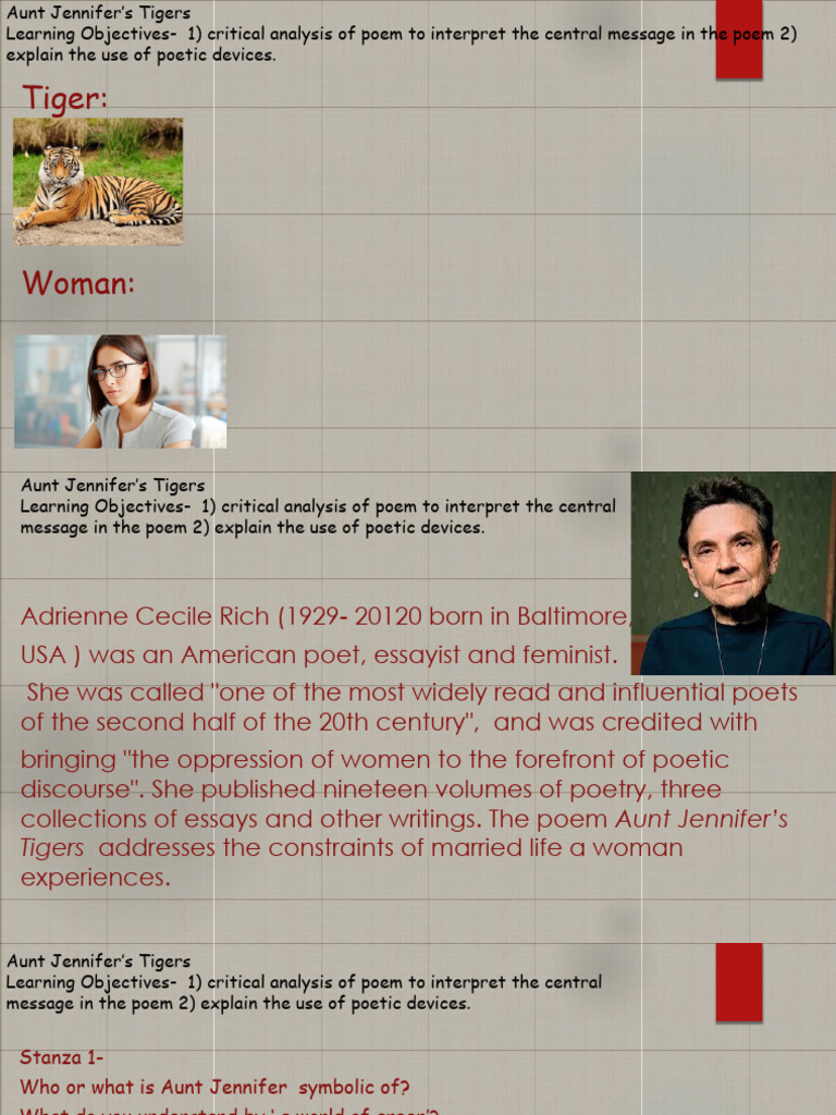 Aunt Jennifer's Tigers | PDF | Poetry | Poetic Devices