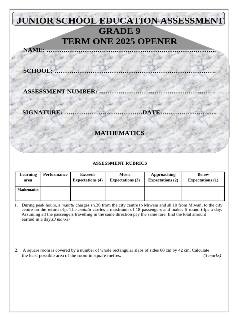 2025 Grade 9 Mathematics Opener Assessment Term 1 28 24 Nov 23 35 58 ...