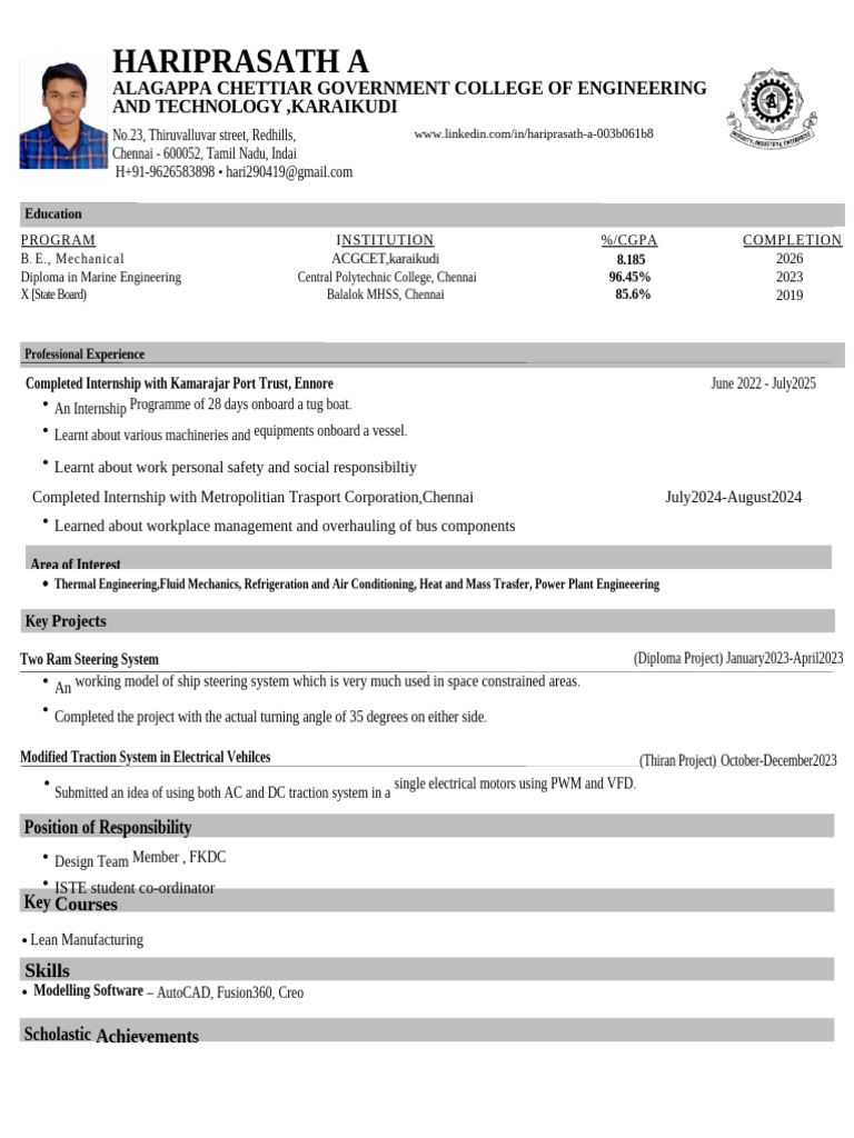 Resume One Page ACGCET | PDF | Electrical Engineering | Mechanical ...