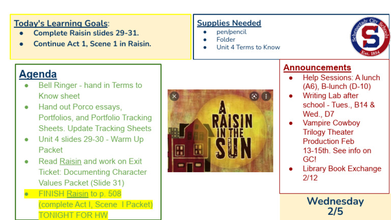 Wednesday Learning Goals and Agenda | PDF