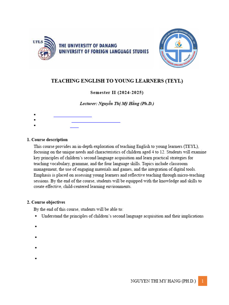 TEYL Course Outline 2025 | PDF | Lesson Plan | Learning