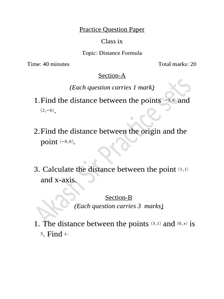Distance Formula Practice Paper Class IX | PDF