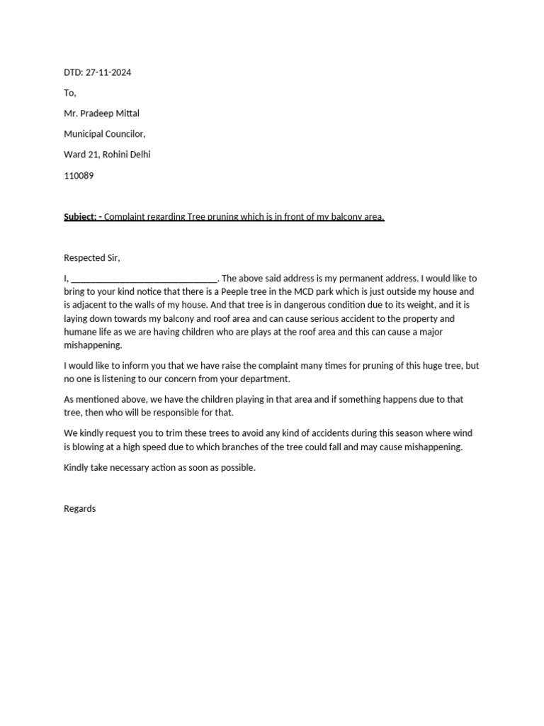 Urgent Tree Pruning Complaint Letter | PDF