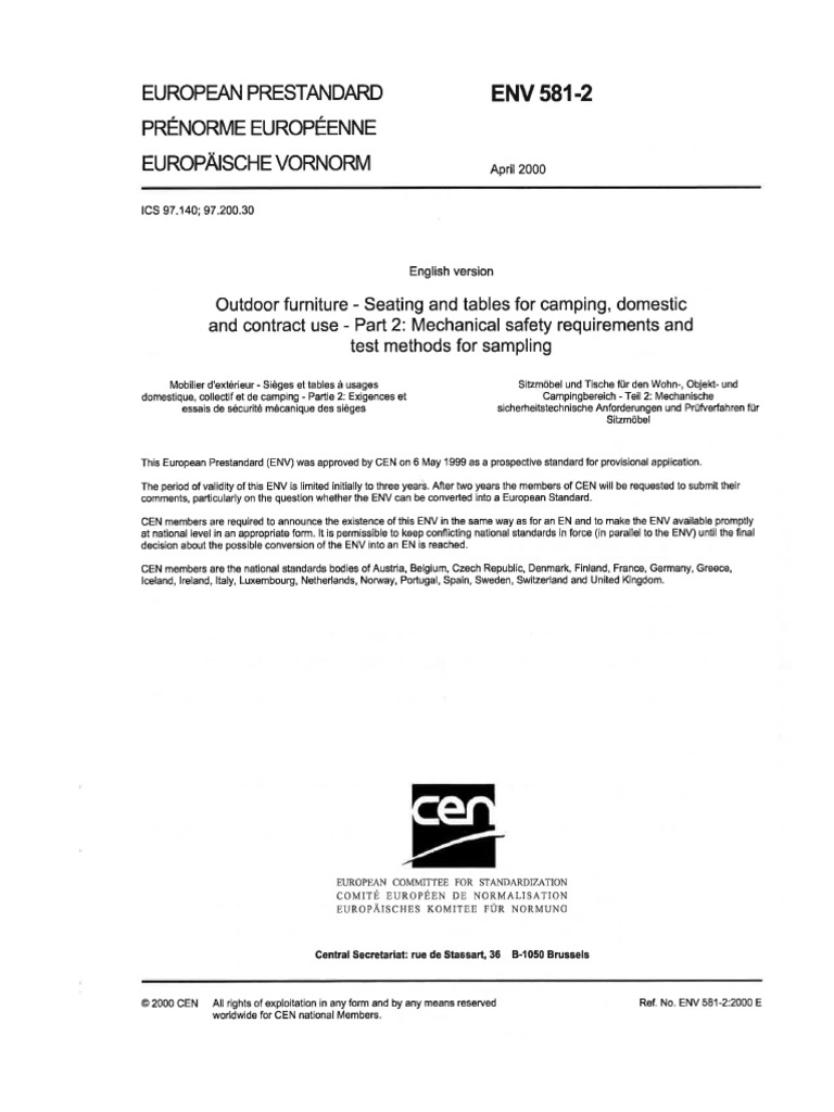 EN 581-2: Outdoor Furniture Safety Standards | PDF | Chair | Fatigue ...