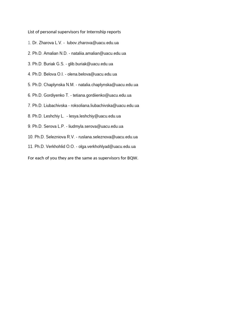 List of Personal Supervisors | PDF