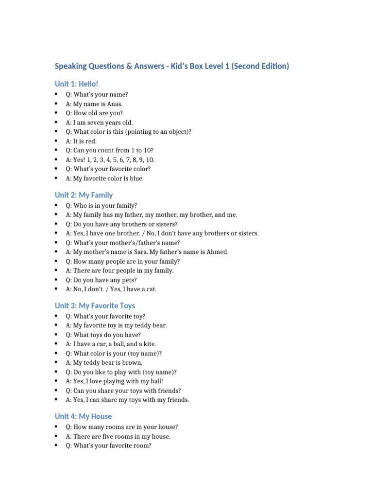 Kids Box Level 1 Speaking Questions | PDF