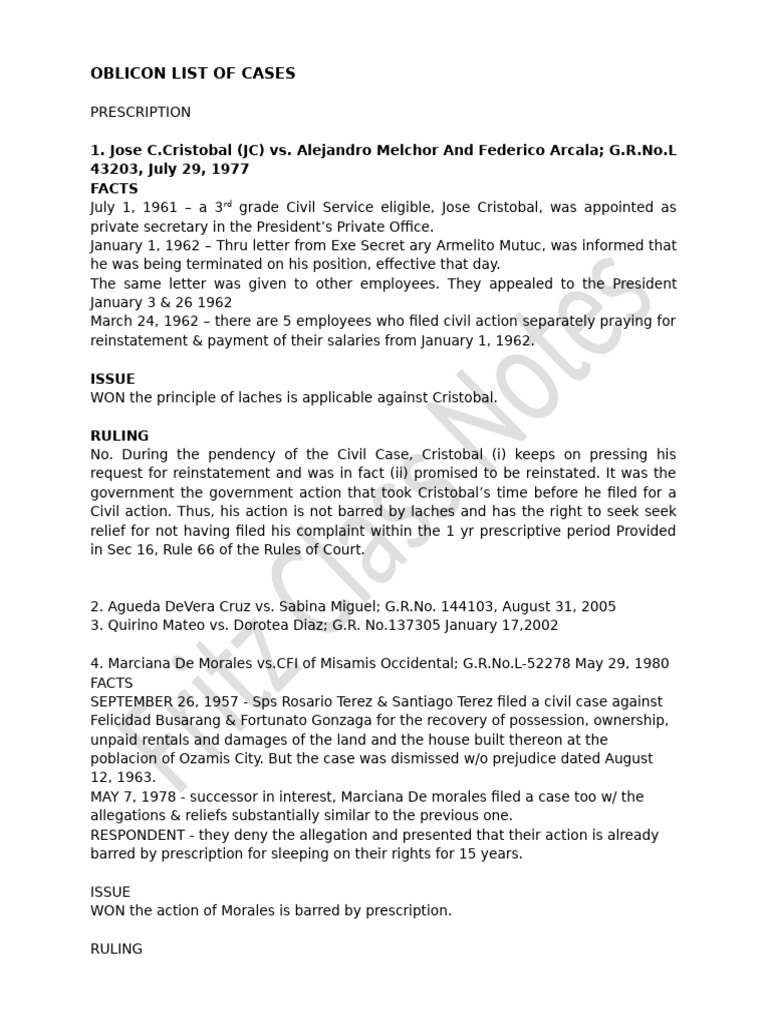 Oblicon List of Cases | PDF | Laches (Equity) | Common Law