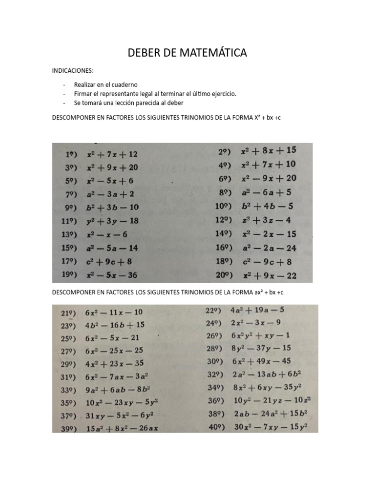 Bc46d191 Deber de Matematica Trinomios 050225 (1) | PDF