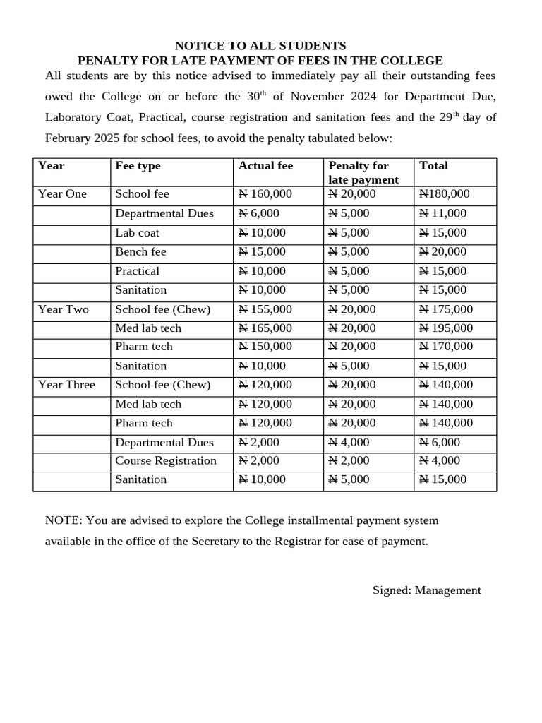 Late Fee Payment Notice for Students | PDF