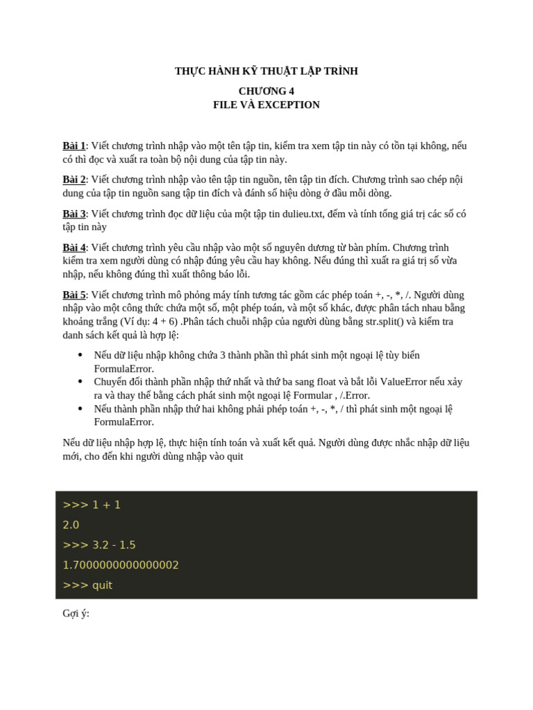 Chương 4 - Bài tập File and Exception | PDF