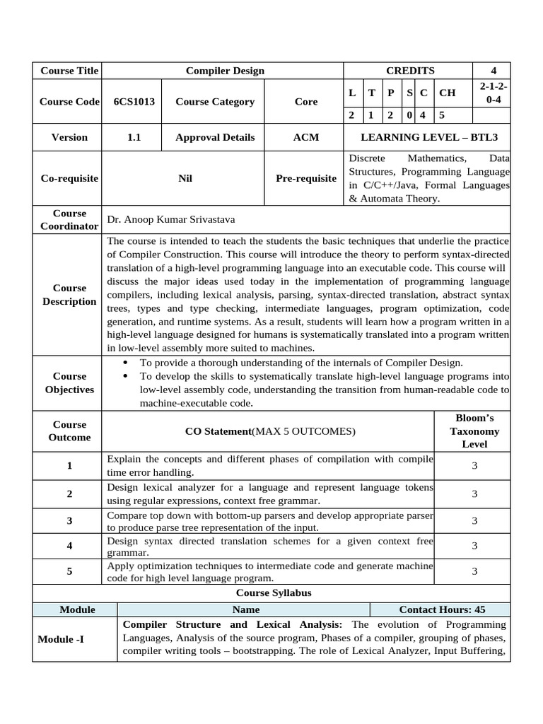 6CS1013_CompilerDesign_Syllabus | PDF | Parsing | Compiler