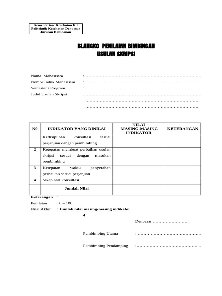 5. FORM PENILAIAN BIMBINGAN USULAN SKRIPSI | PDF