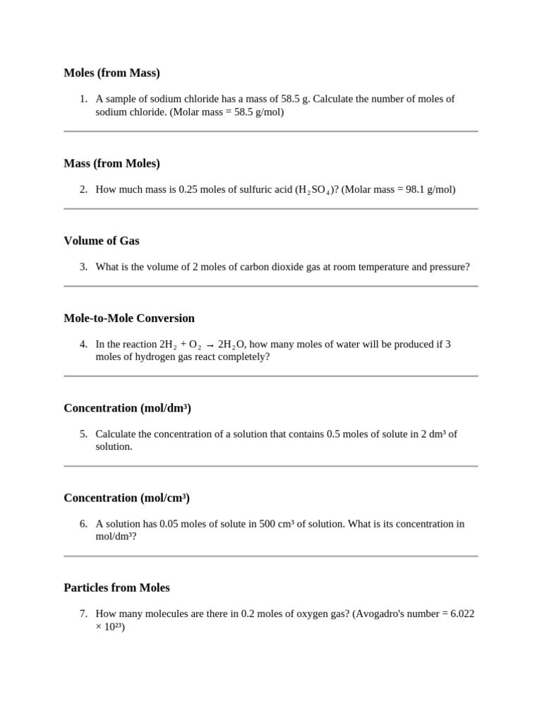 Moles and Chemical Calculations Guide | PDF