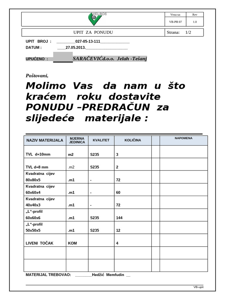 Forma Upita Za Ponudu | PDF