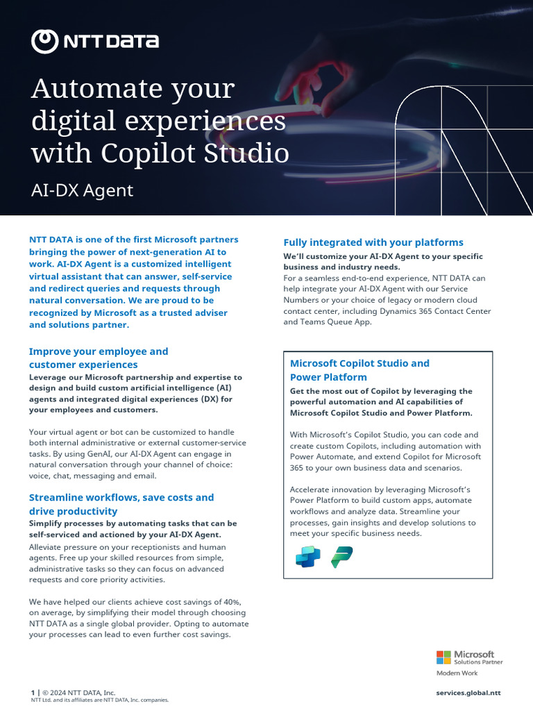NTT DATA AI-DX Agent powered by Microsoft Copilot Studio Fact Sheet | PDF | Cloud Computing ...