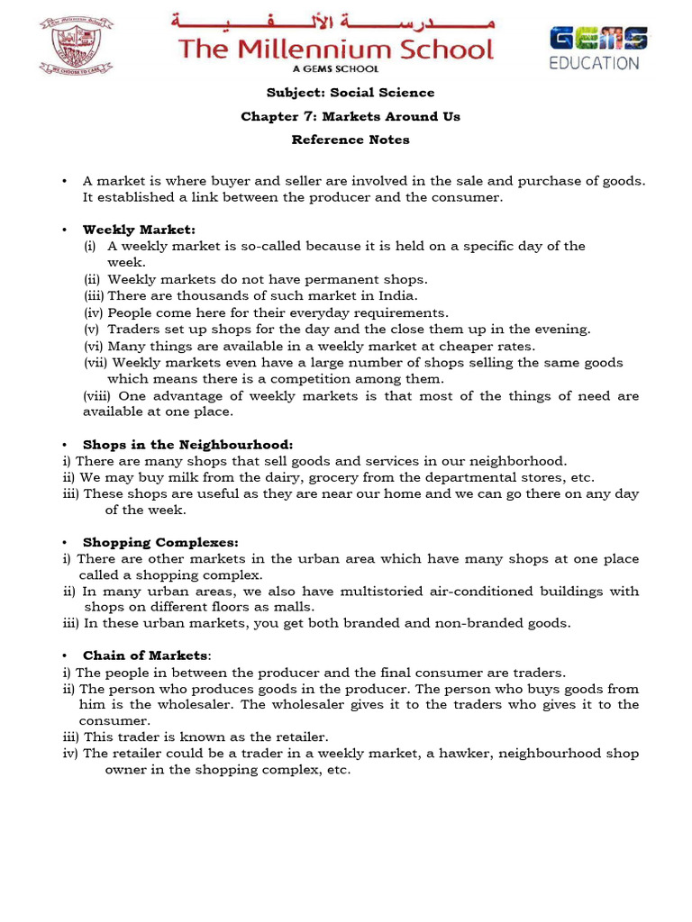 Grade 7 - Markets Around Us - Reference Notes 1 | PDF | Retail ...