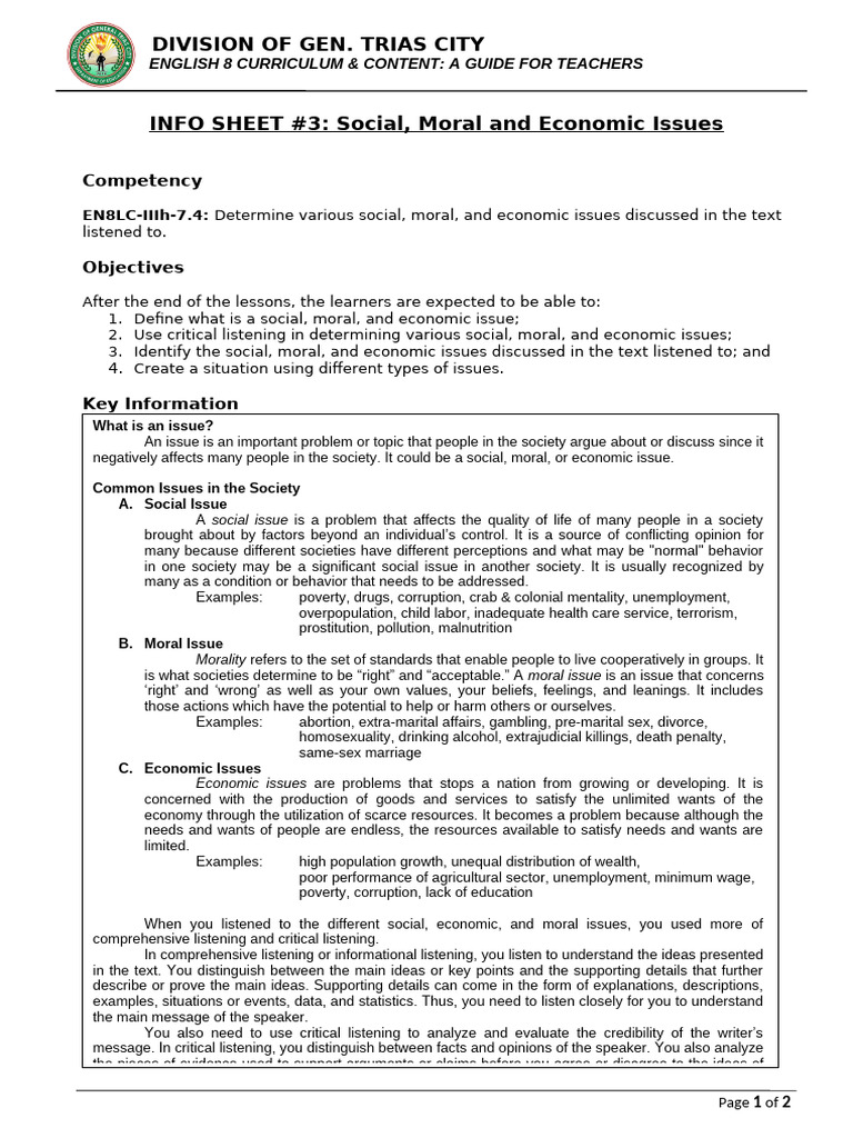 INFO SHEET - Social Moral Economic Issues | PDF | Society | Poverty