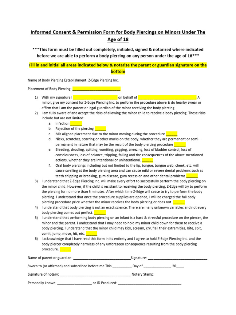 Notary Permission Form For Body Piercings On Minors Under The Age of 18 ...