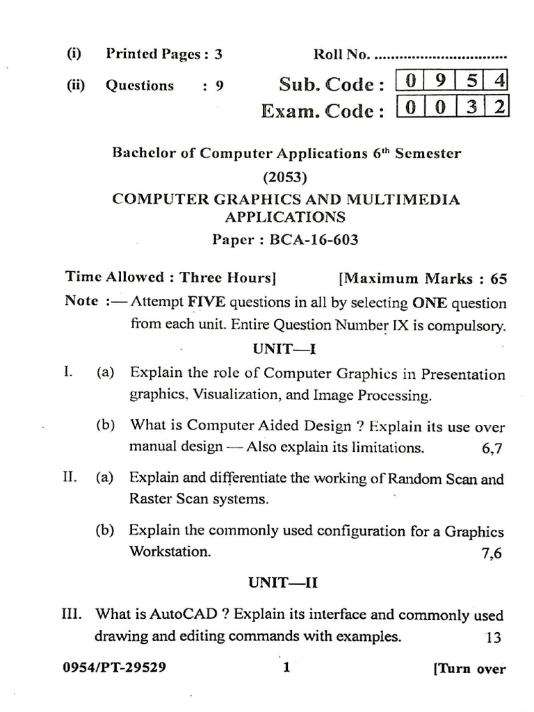 BCA - 6th Sem - BCA-16-603 - Computer Graphics and Multimedia Applications - May 2023 | PDF