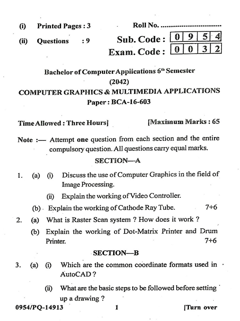 BCA - 6th Sem - BCA-16-603 - Paper Computer Graphics & Multimedia Applications - June 2022 | PDF
