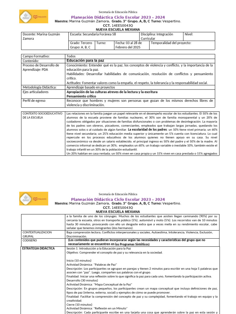 Plan.febrero Int.curricular 3a, 3b, 3c | PDF | Escuelas | Paz