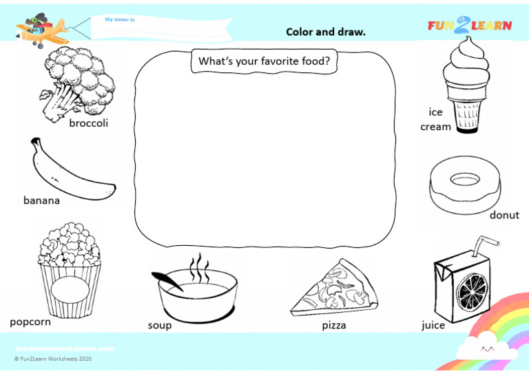Color and Draw Worksheet Broccoli Ice Cream Pizza Soup Popcorn Juice ...