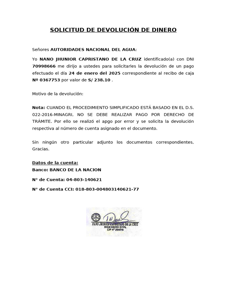 Solicitud de Devolucion de Dinero | PDF