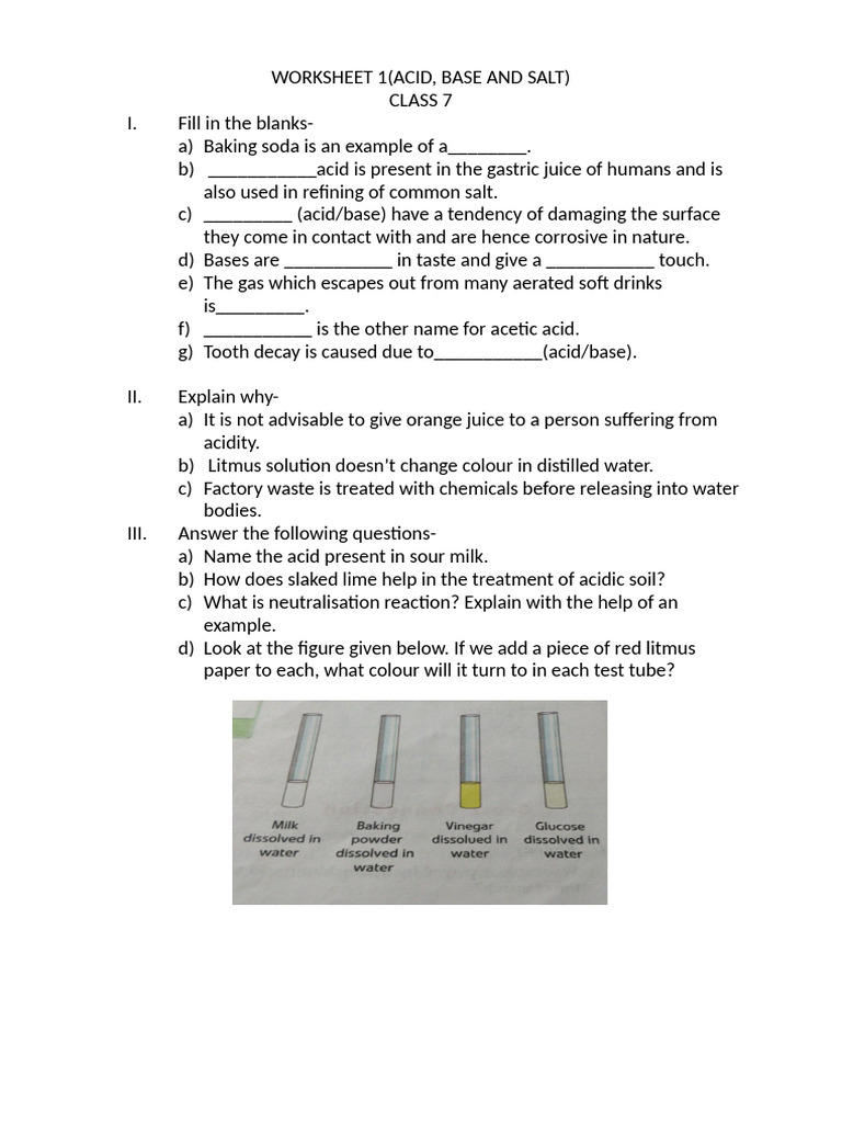 Class 7 Worksheet 1 Acid Base and Salt 4 Feb 2025 | PDF