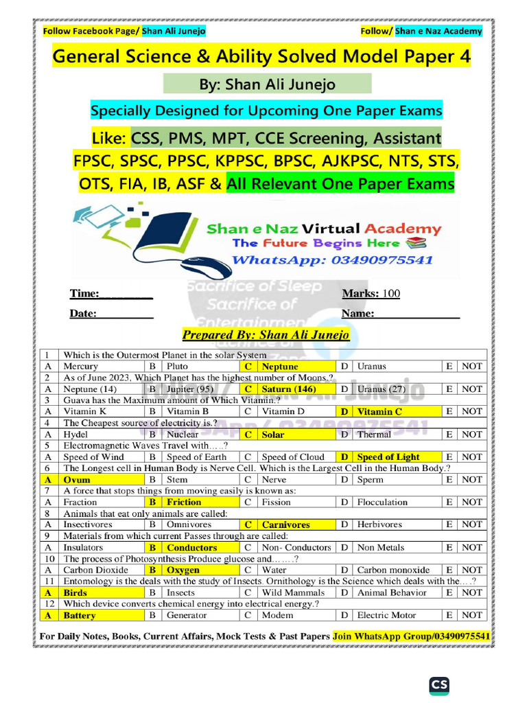 4th General Science & Ability Solved Model Paper For CCE, CSS MPT and One Paper Exams by Shan ...