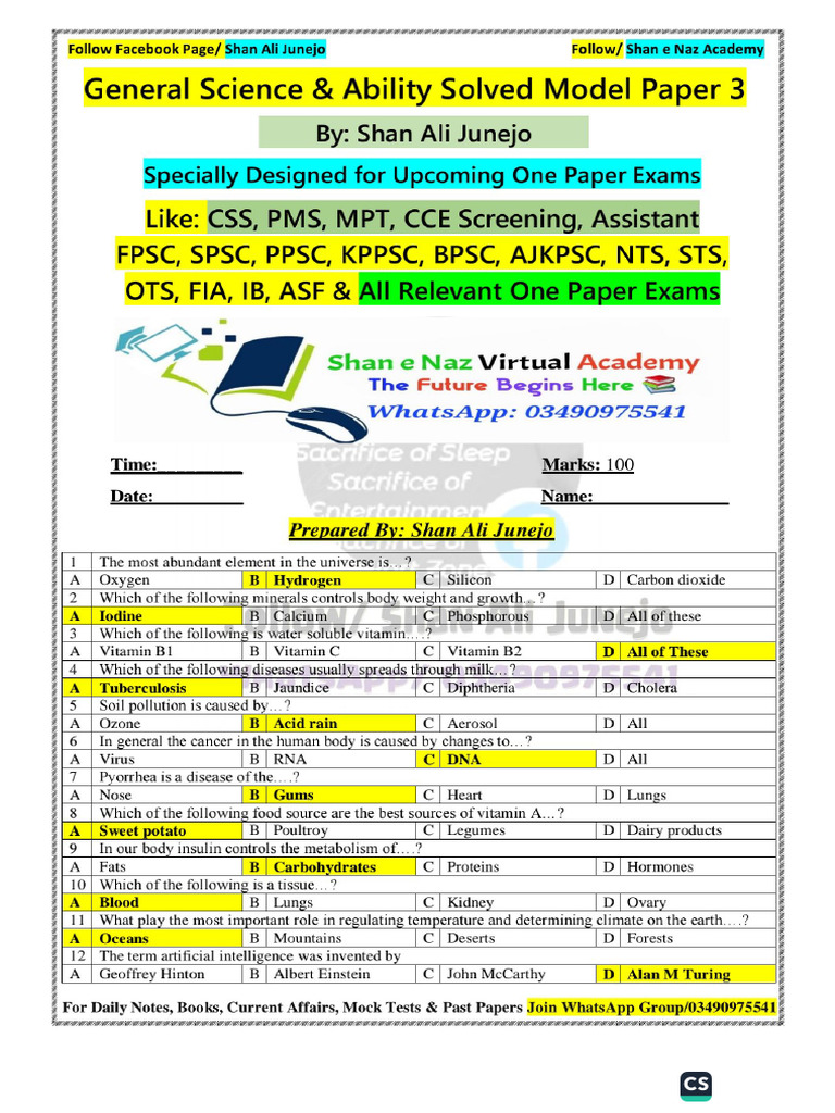 3rd General Science & EDs Solved Model Paper For CCE, CSS MPT and One Paper Exams by Shan Ali ...