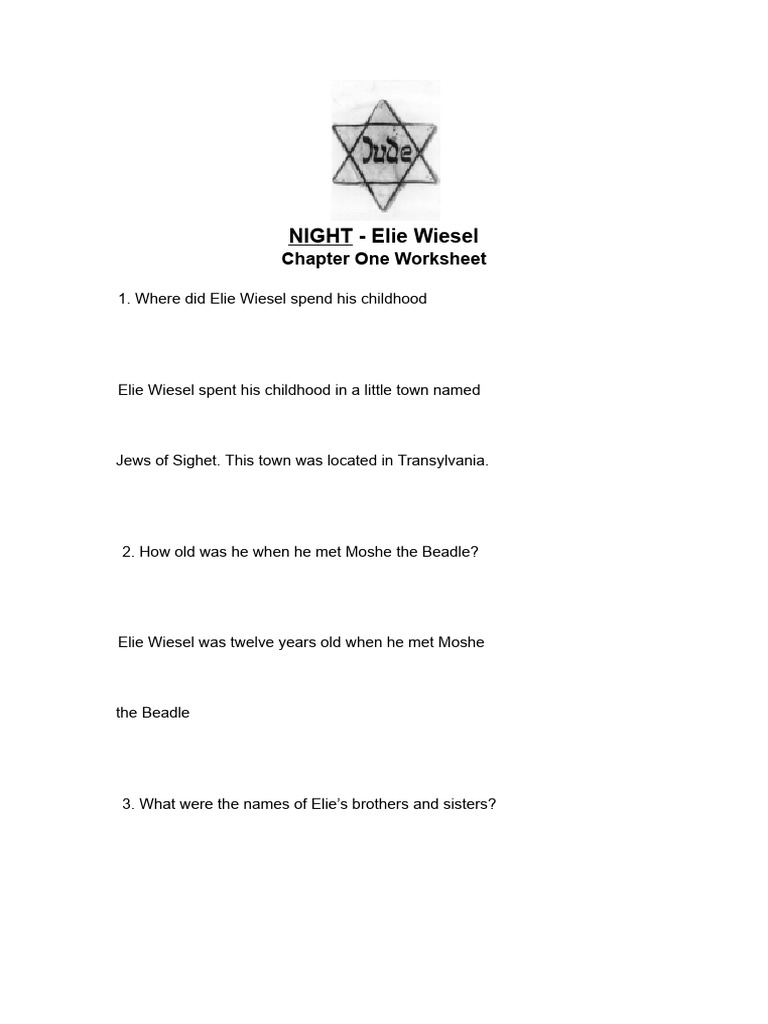Night Chapter 1 Worksheet Summary | PDF