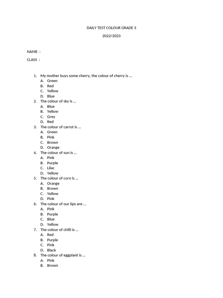 Daily Test Colour Grade 3 | PDF