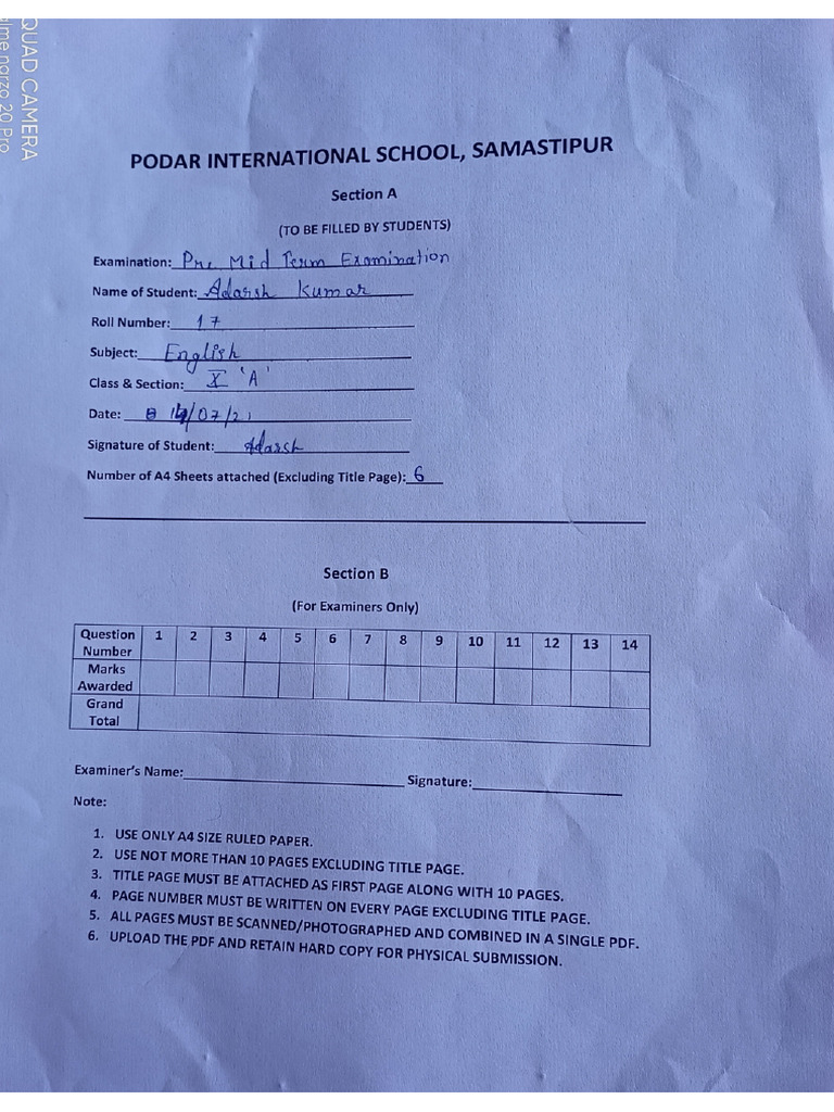 English Pre Mid Term Examination | PDF