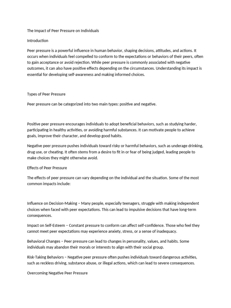 The Impact of Peer Pressure on Individuals | PDF | Adolescence | Psychological Concepts