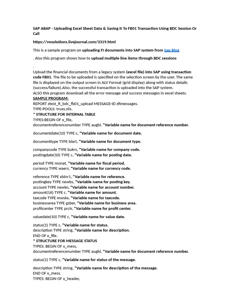 SAP ABAP - Uploading Excel Sheet Data & Saving It To FB01 Transaction Using BDC Session Or Call ...