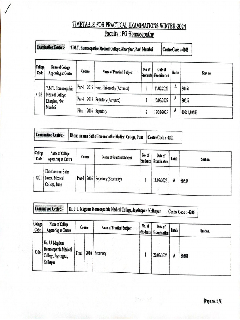 Homoeopathy Practical Time Table Winter -2024_250225 | PDF