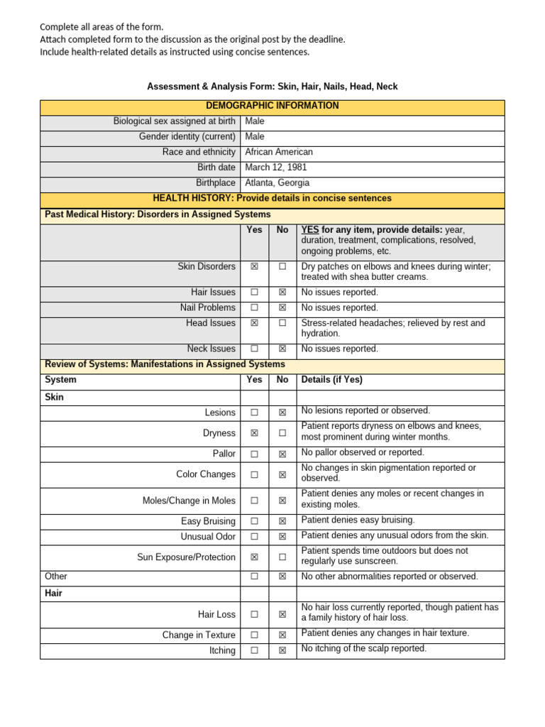 Assessment and Analysis Assignment FORM - SkinHairNails HeadFaceNeck ...