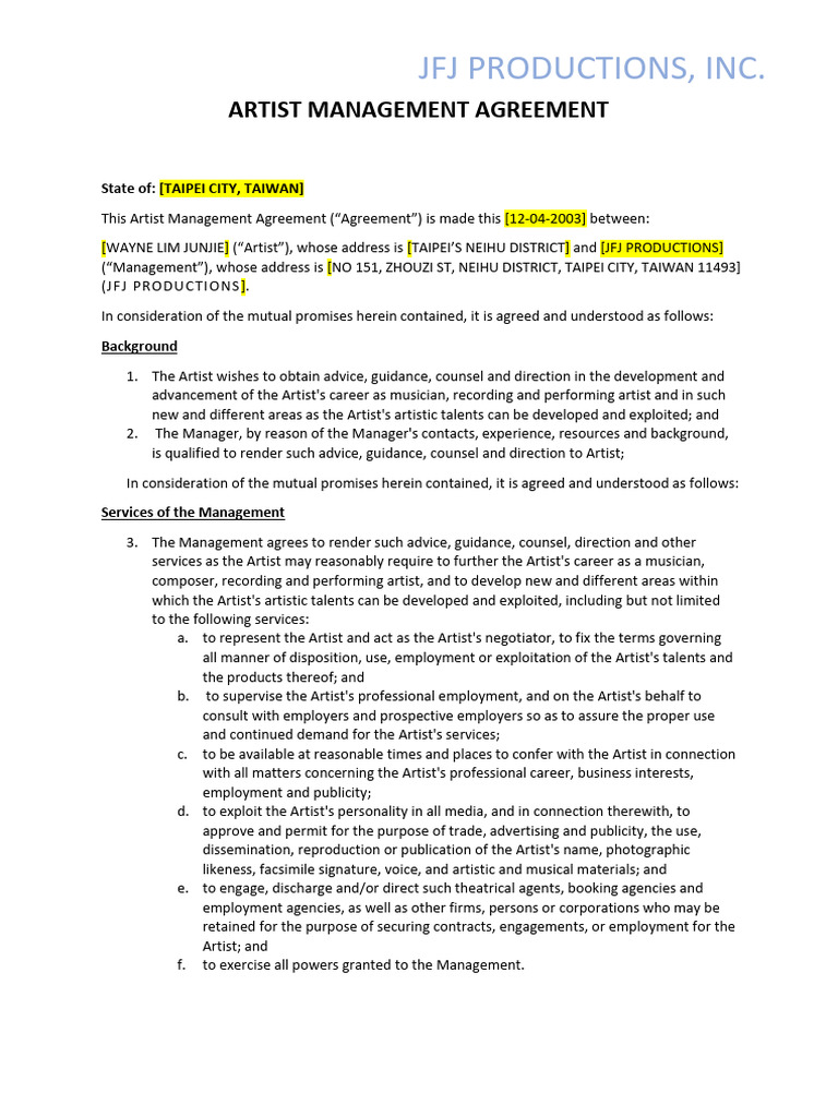 Artist Management Agreement Overview | PDF | Breach Of Contract | Expense
